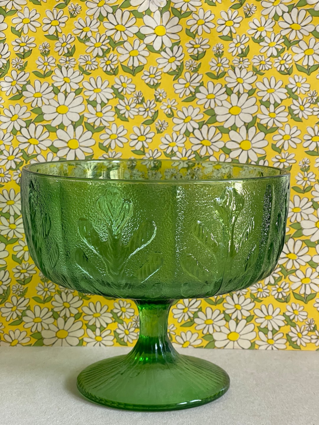 Vintage FTD 1975 Green Glass Compote Candy Dish Leaf Pattern - Etsy