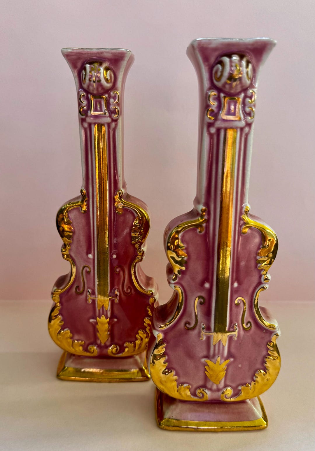 Pretty Vintage Pair of Pink and Gold Ceramic Cello Planter Wall Pocket ...