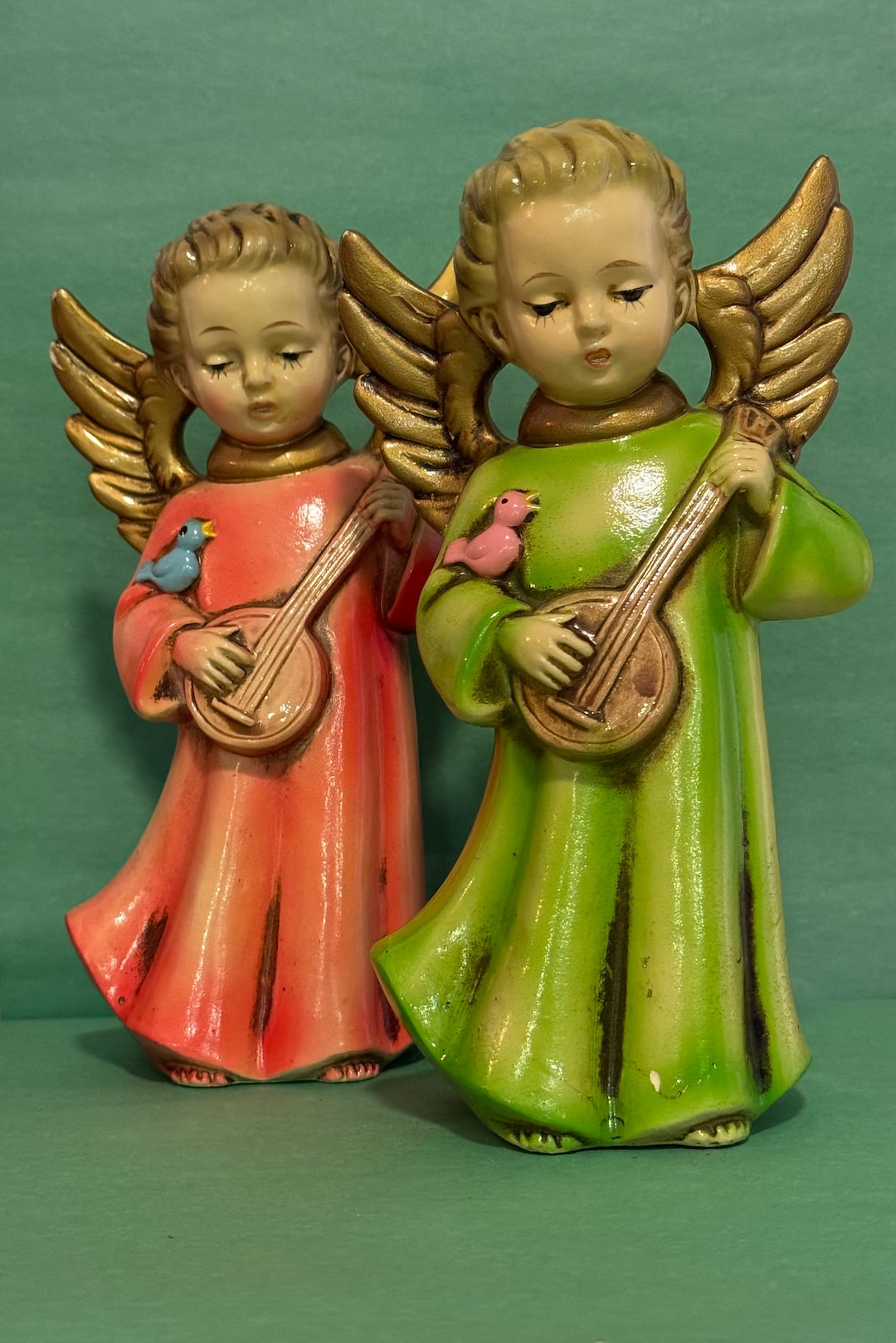 Pair Vintage 1960’s Ardco Chalkware Choir Musician Angels Pink Green ...
