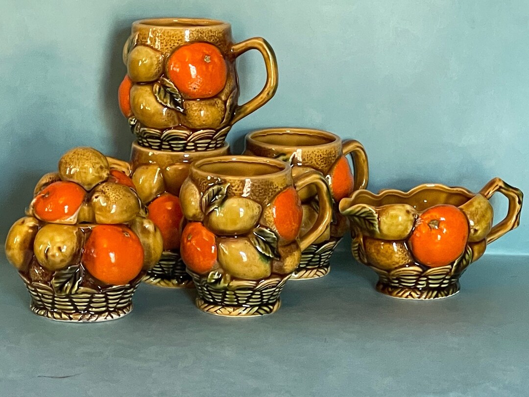 Vintage Inarco Japan Fruit Basket Coffee Set: Orange Spice Retro Mugs ...