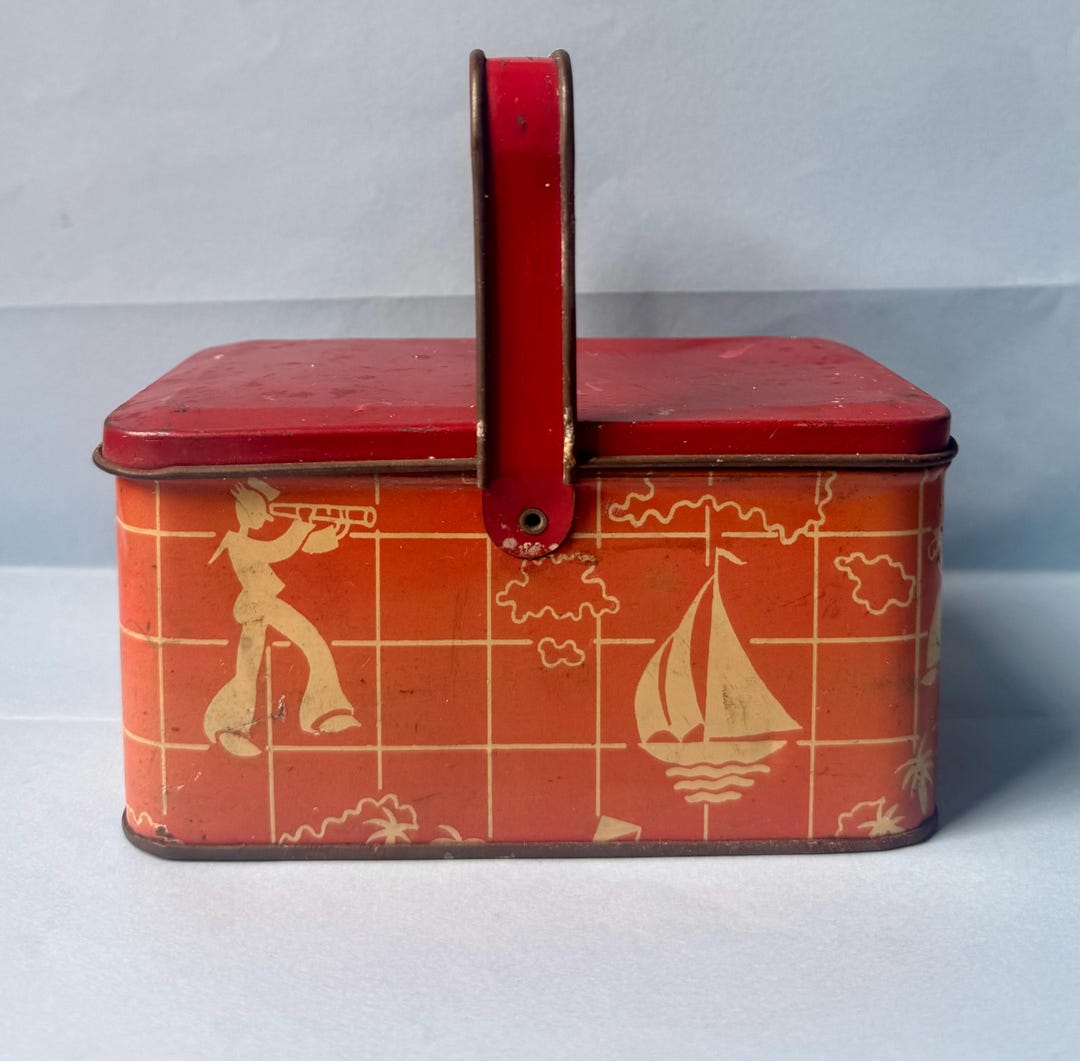 1940’s Red Litho Tin Lunch Box With Ships & Sailor. - Etsy