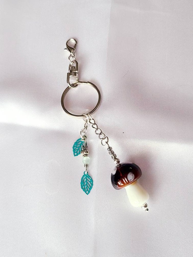 Mushroom Leaf Keychain, Glass Keychain, Bead Keychain, Brown Mushroom ...