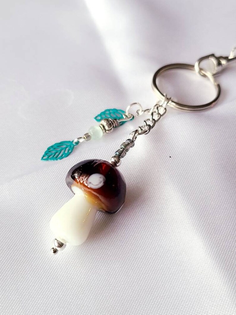 Mushroom Leaf Keychain, Glass Keychain, Bead Keychain, Brown Mushroom ...