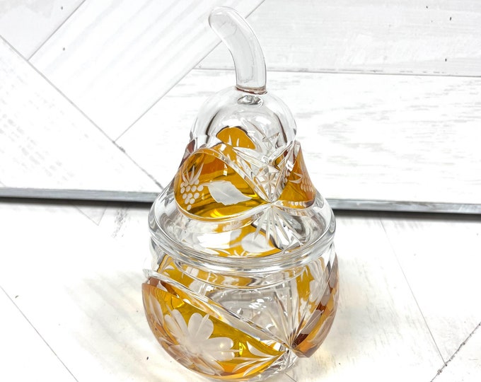 Gorgeous Julia Hand Cut Lead Crystal Amber Pear Covered Dish - Etsy