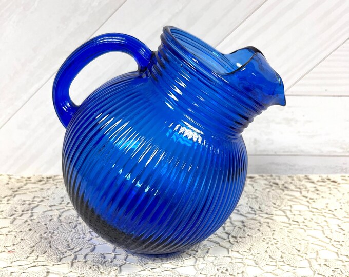 Vintage Hazel Atlas 1940s Ribbed Tilted Cobalt Blue Ball Pitcher - Etsy