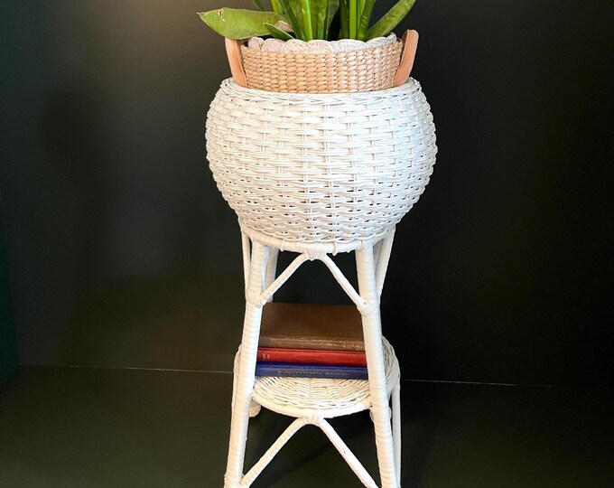 Vintage White Wicker Plant Stand - Etsy