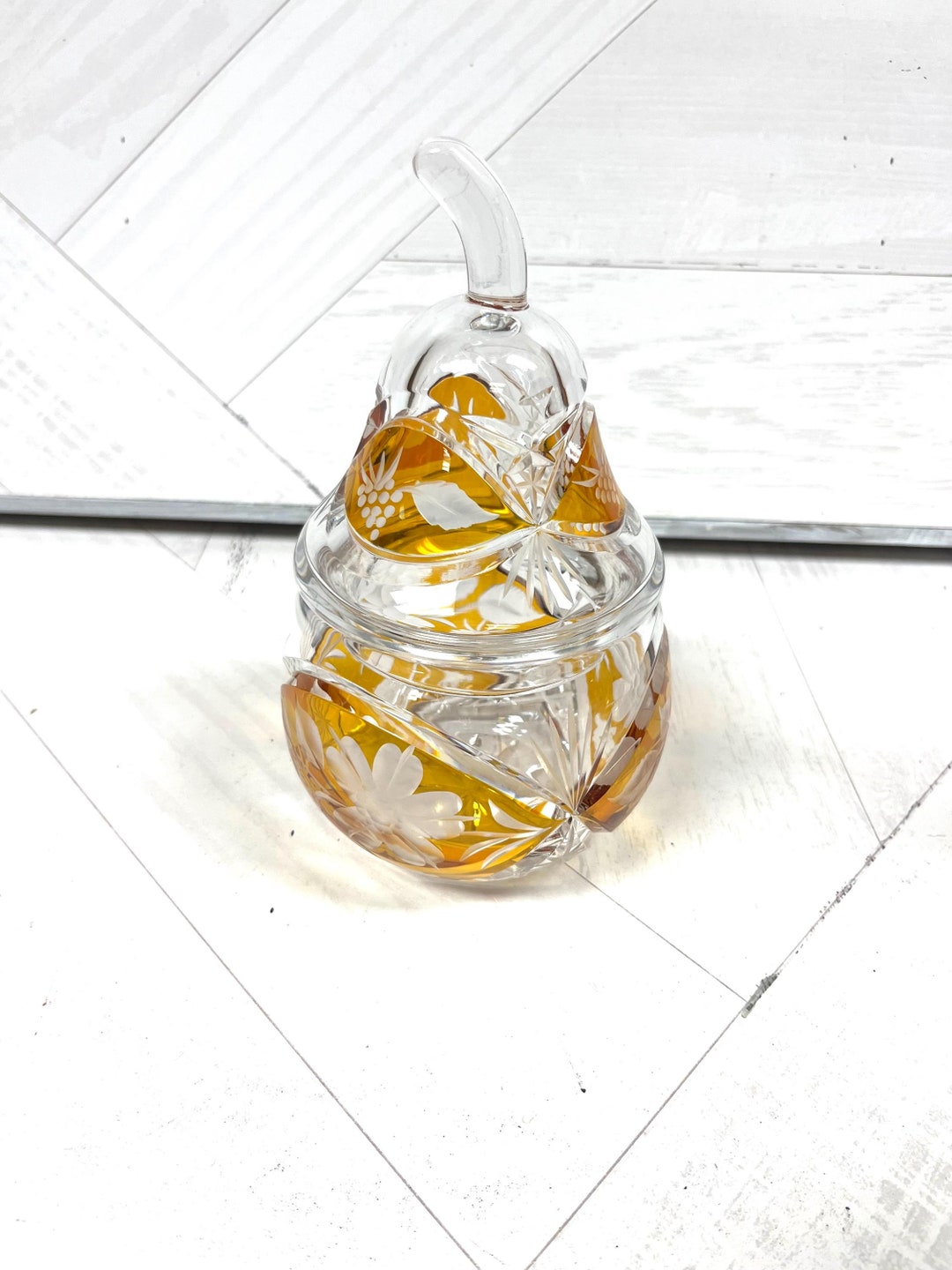 Gorgeous Julia Hand Cut Lead Crystal Amber Pear Covered Dish - Etsy