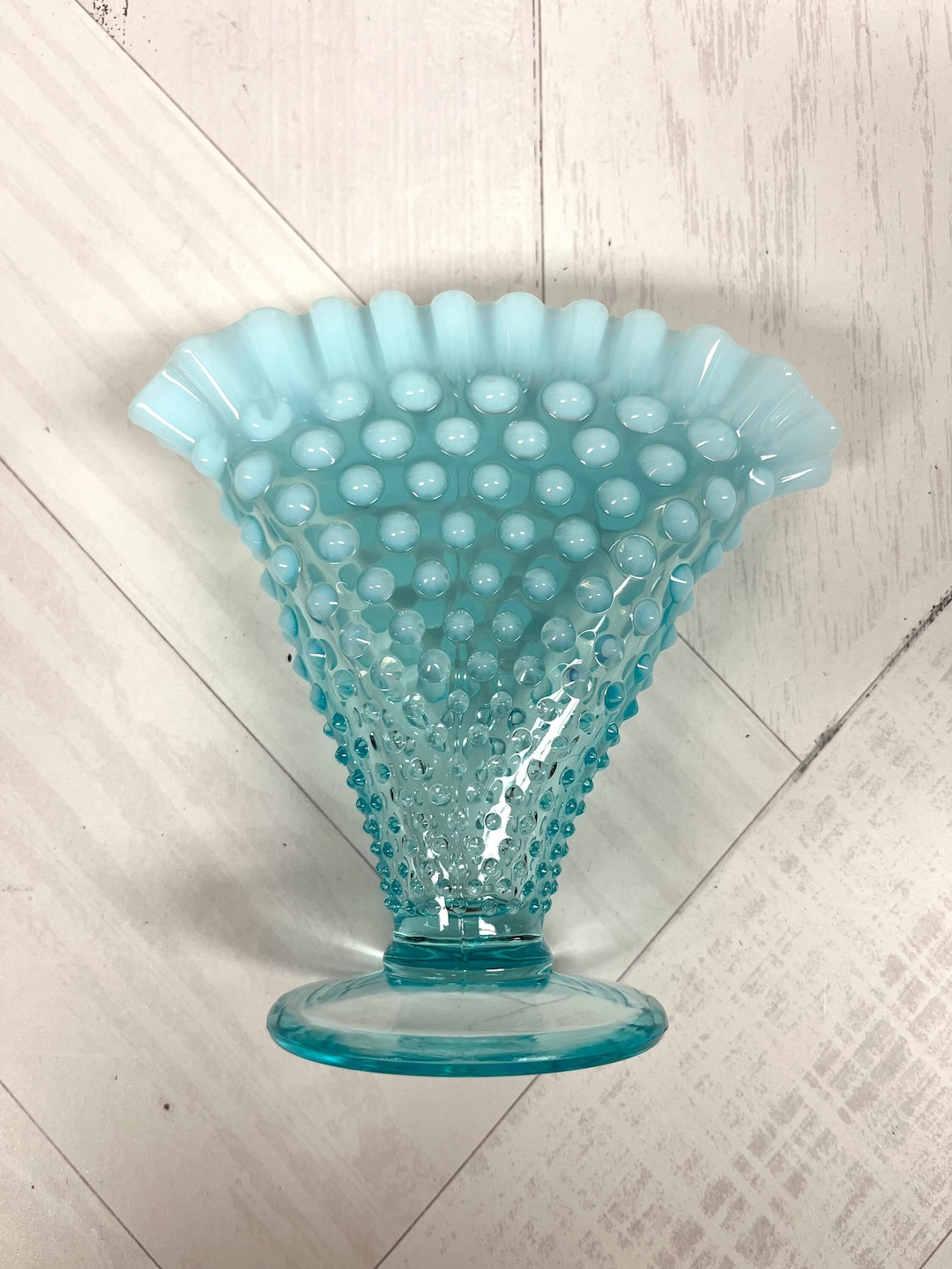 Fenton Art Glass Hobnail Ruffled Edge Blue/turquoise Fan Vase - Etsy