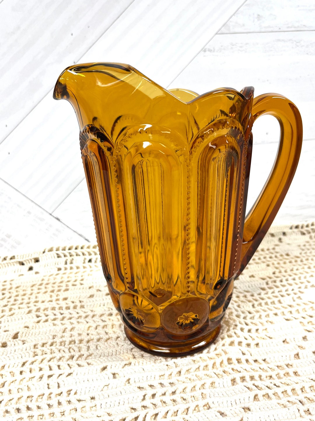 Vintage Amber Peacock Eye Pitcher - Etsy