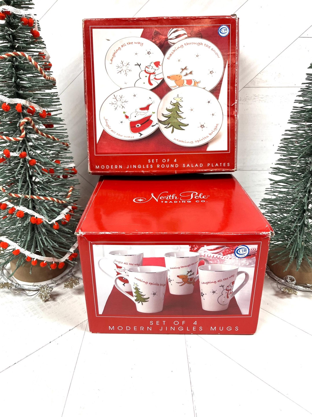 Set of 8 North Pole Trading Post "modern Jingles" 4 Mugs and 4 Salad ...