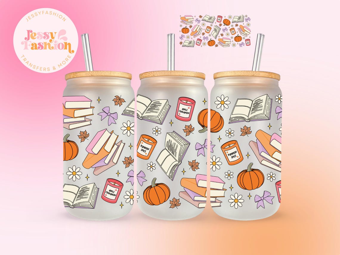 Fall Bookish and Candles Glass Can Cup 16oz, Books Glass Can Cup 16oz ...