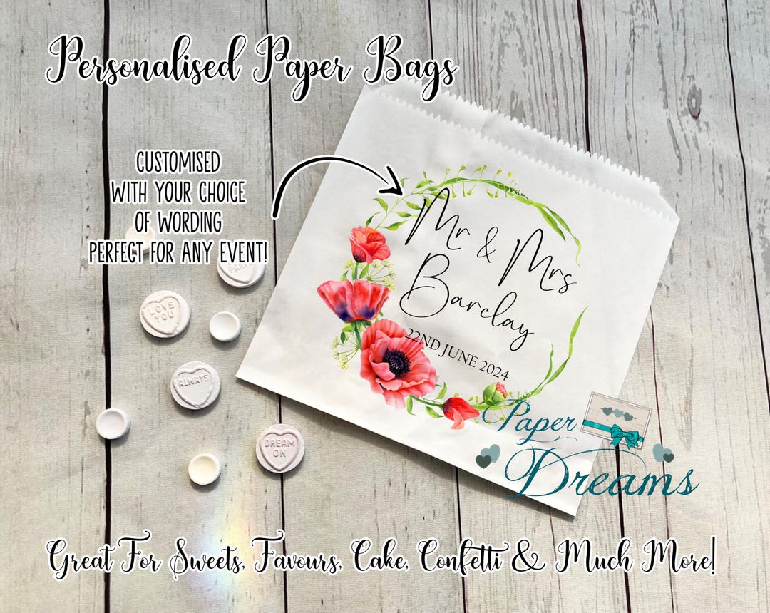 Personalised Wedding Sweet Bags -candy Cart Favour Bags -red Poppy and ...