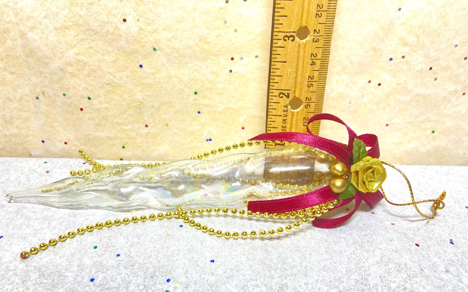 Vtg. 7"handmade Iridescent Icicle Clear Spirial Gold Roses & Beads, Red ...