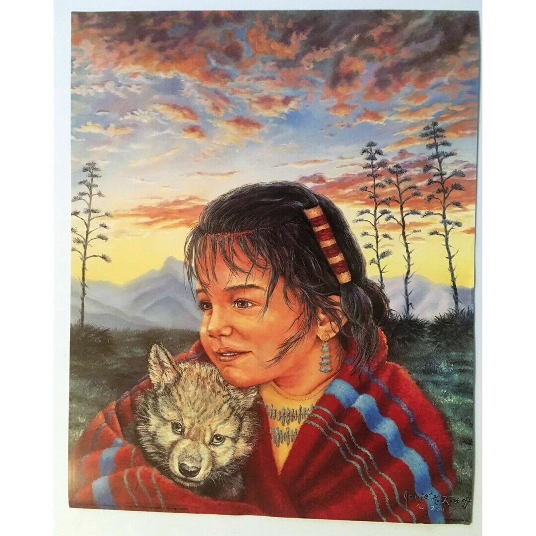 Indian Girl Poster Indigenous Native American Print Wolf Cub Lithograph ...