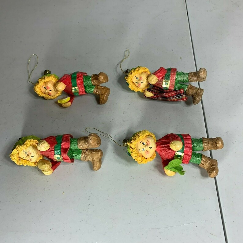 Vintage Paper Mache Singing Elves Ornaments Child Papier Mittens Scarf ...
