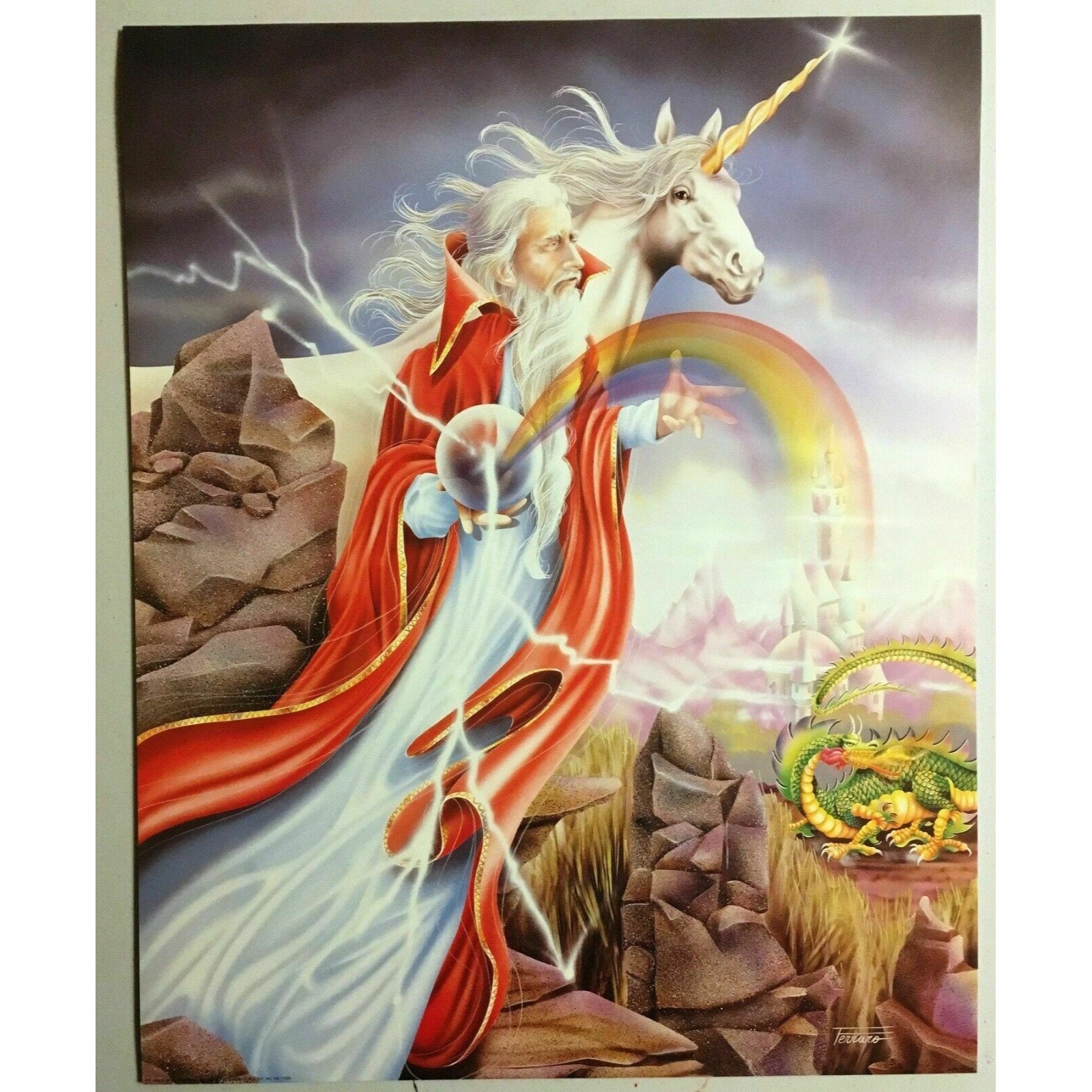 Unicorn Wizard Poster 1988 Rainbow & Dragon Lithograph Print | Etsy