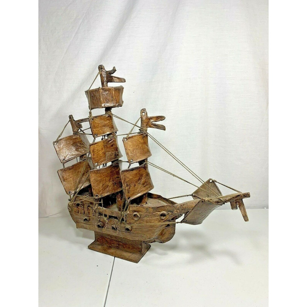Sailboat Model Papier Mache 18" Statue Sail Ship Wood Paper Wood Crows ...