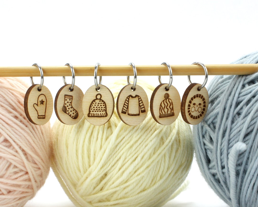 Set of 6 Laser Engraved Wood Stitch Markers With Cute Knitwear Designs ...