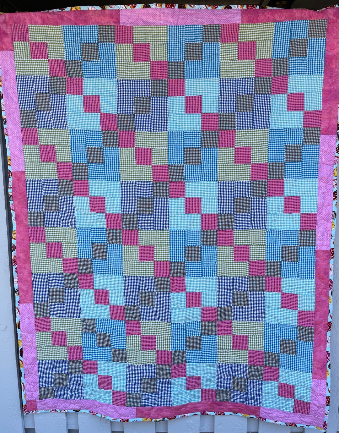 Blue Green Pink Gingham donut Quilt - Etsy