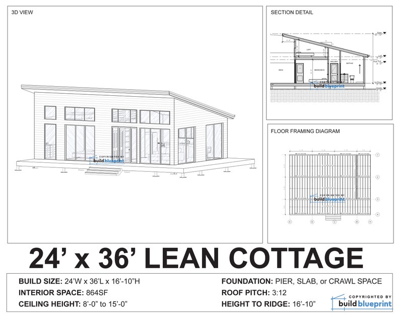 24' X 36' Lean Cabin Architectural Plans - Custom 864SF 2 Bedroom House ...
