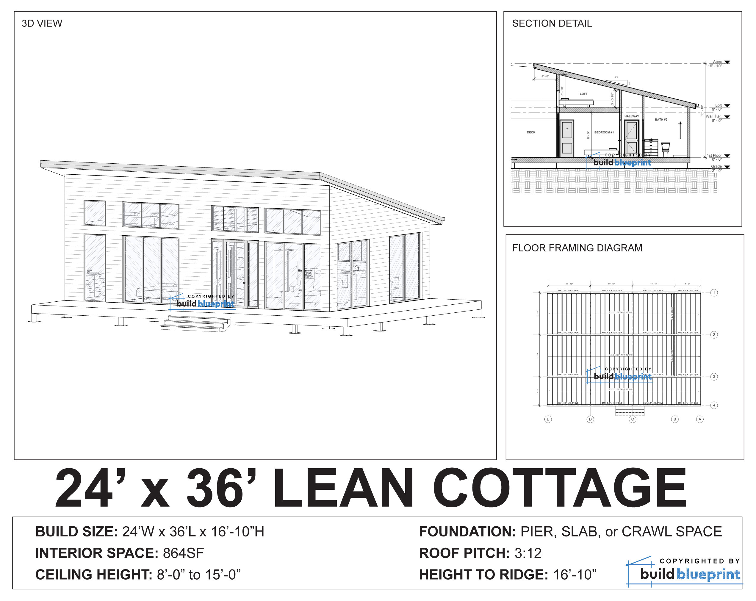 24' X 36' Lean Cabin Architectural Plans - Custom 864SF 2 Bedroom House ...