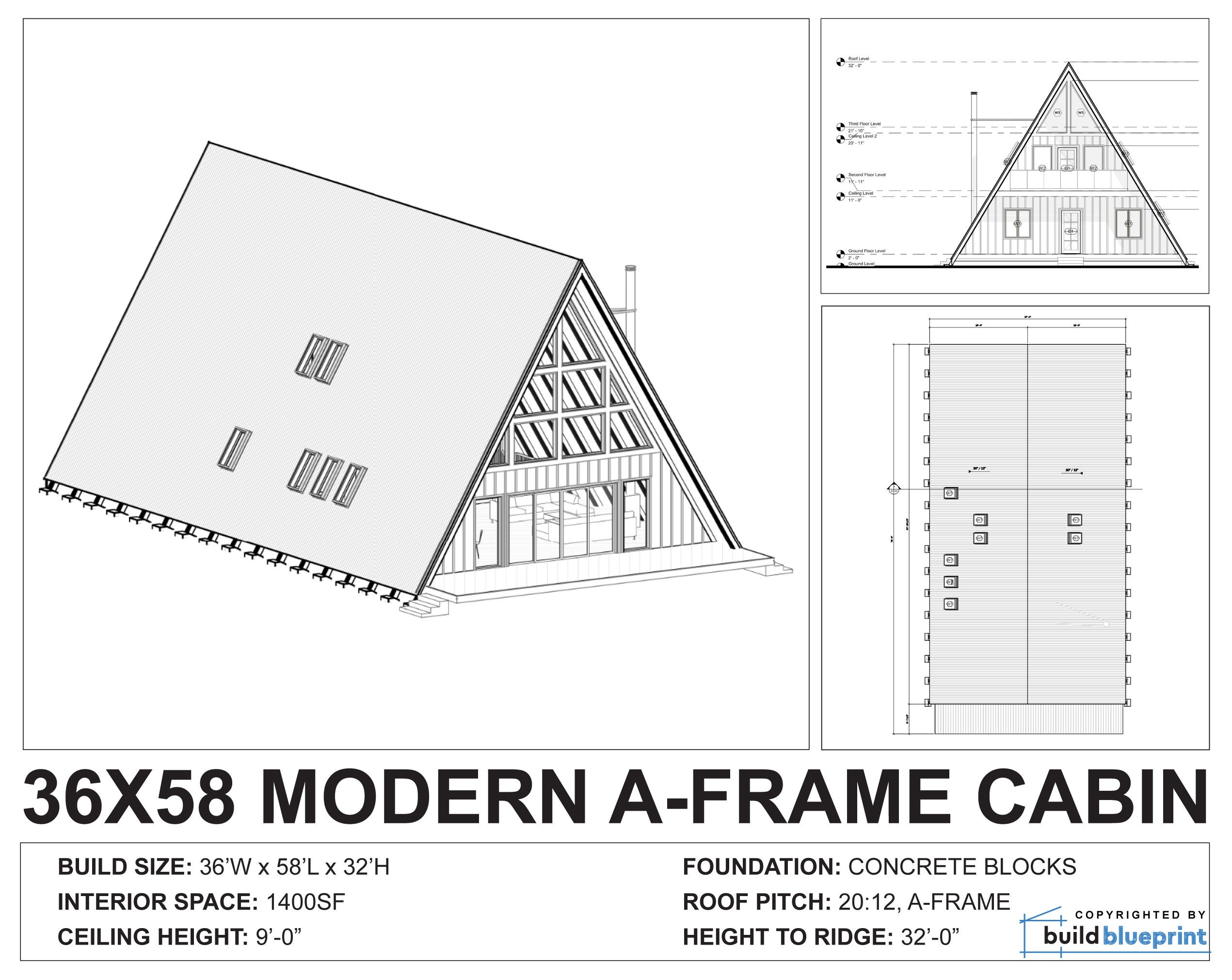 36' X 58' Large Modern A-frame Cabin Architectural Plans - Custom ...
