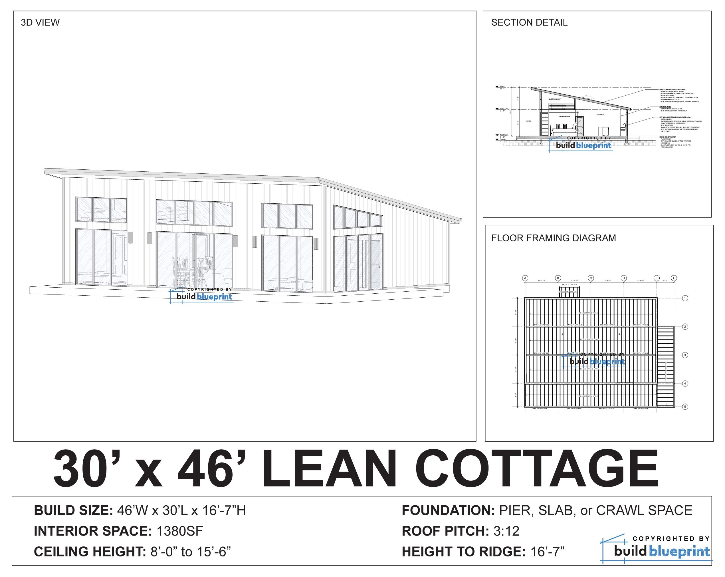 30' X 46' Modern Lean Cottage Architectural Plans - Custom 1380SF 3 ...
