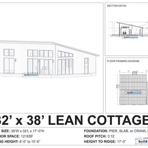 32' X 38' Modern Lean Cabin Architectural Plans - Custom 1216SF 2 ...