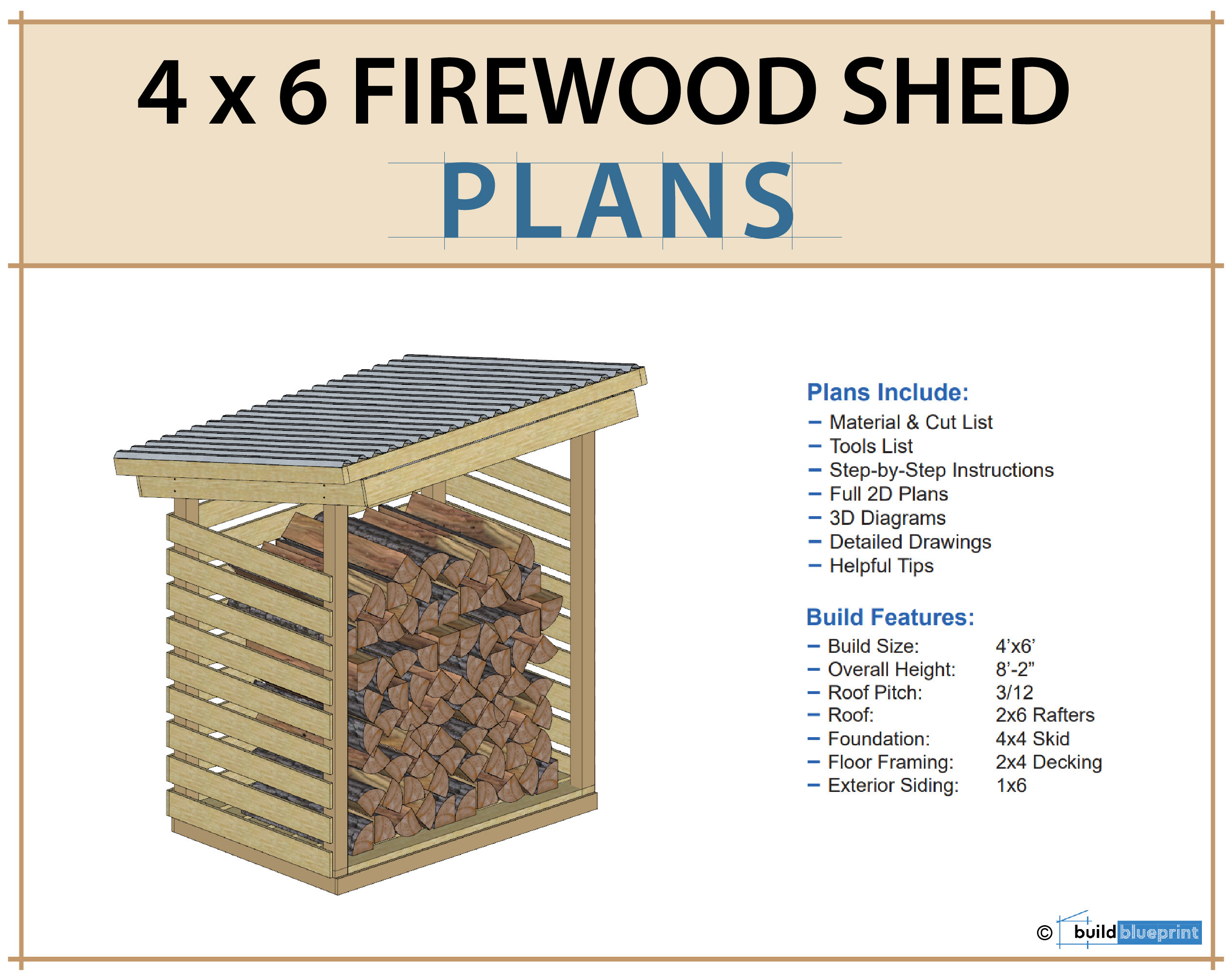 4x6 Firewood Shed Plans | 1 Cord Wood Shed DIY Build - Etsy