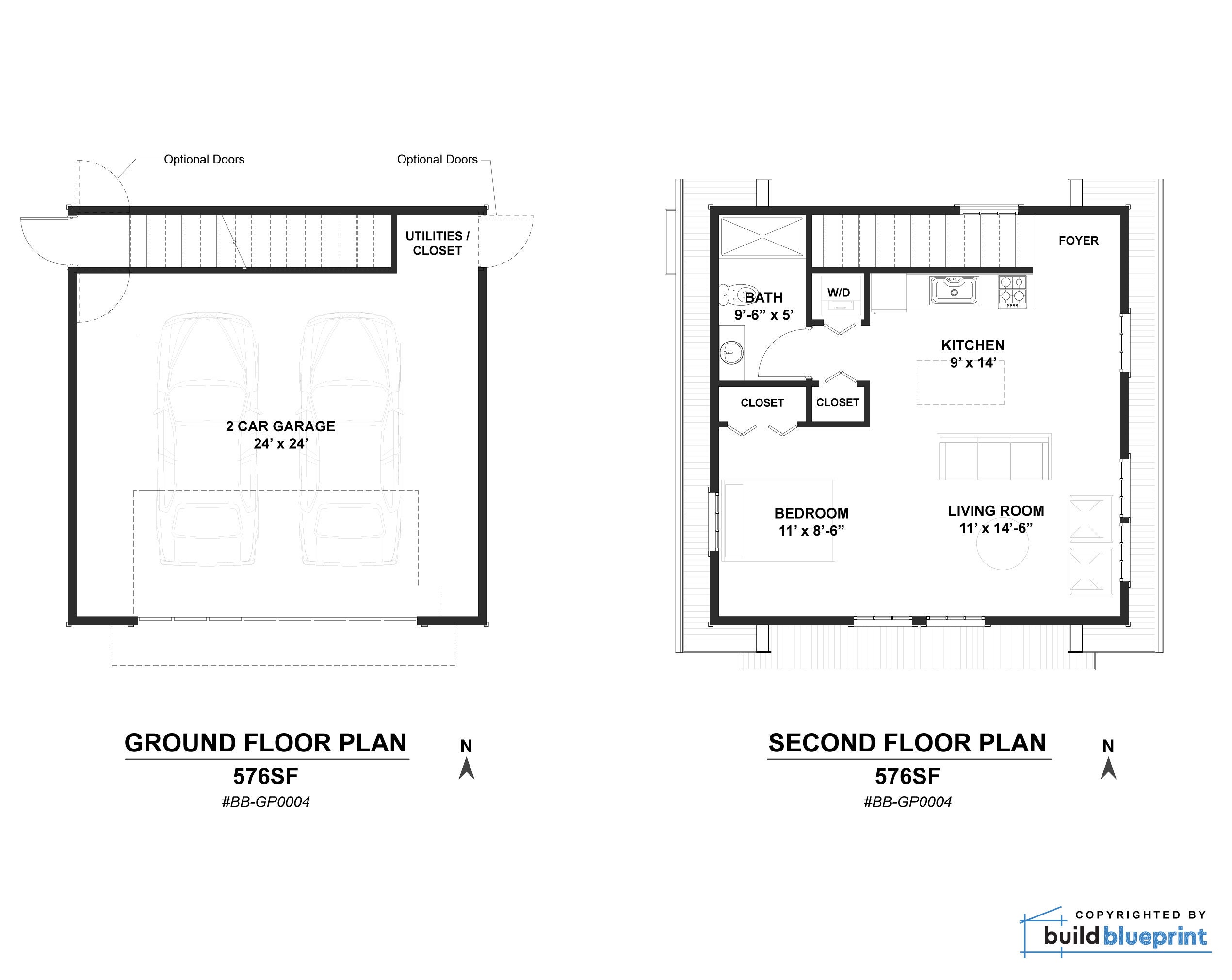 Detached 24'x24' Two Car ADU Garage Loft Architectural Plans ...