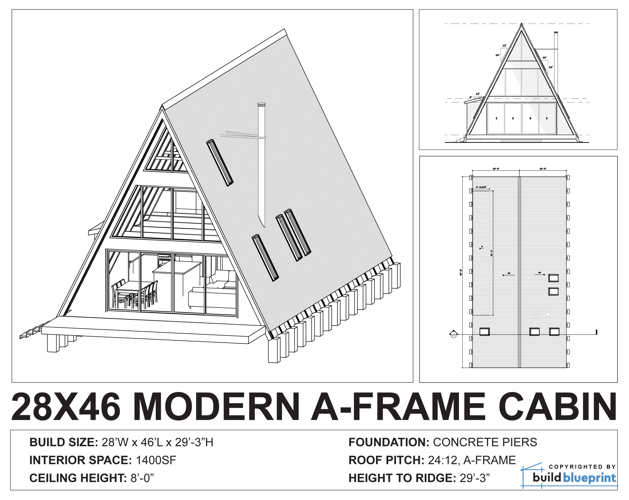 28' X 46' Large Modern A-frame Cabin Architectural Plans - Custom ...