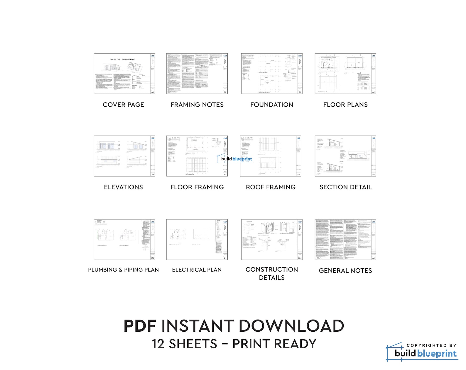 24' X 36' Lean Cabin Architectural Plans - Custom 864SF 2 Bedroom House ...