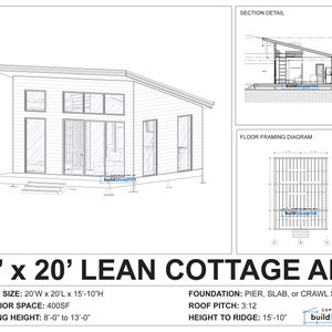 20' X 20' Lean Cottage Architectural Plans - Custom 400SF Tiny House ...