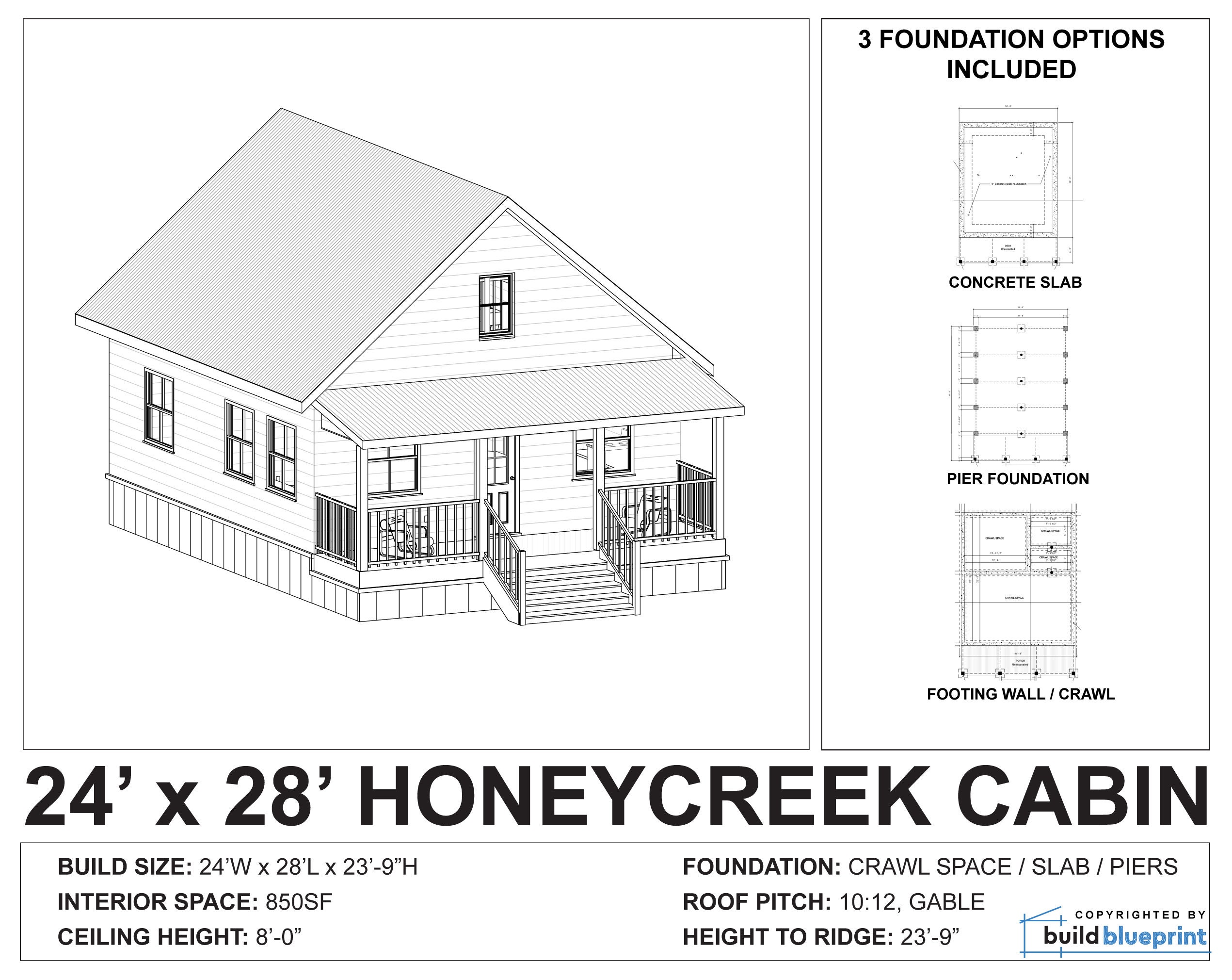 24' X 28' Honey Creek Cabin Architectural Plans - Custom 850SF Modern ...