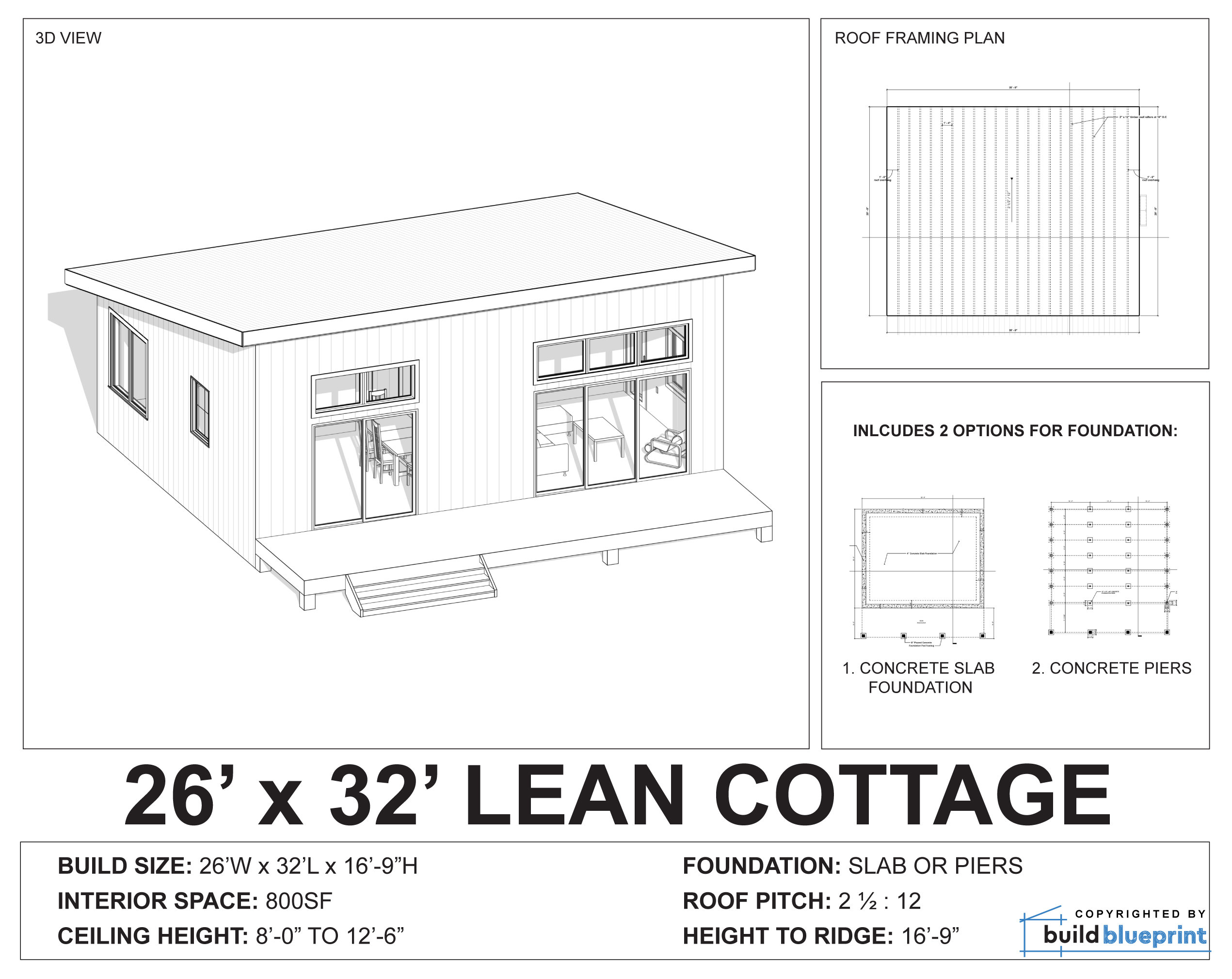 26' X 32' Lean Cabin Architectural Plans - Custom 800SF Small Guest ...