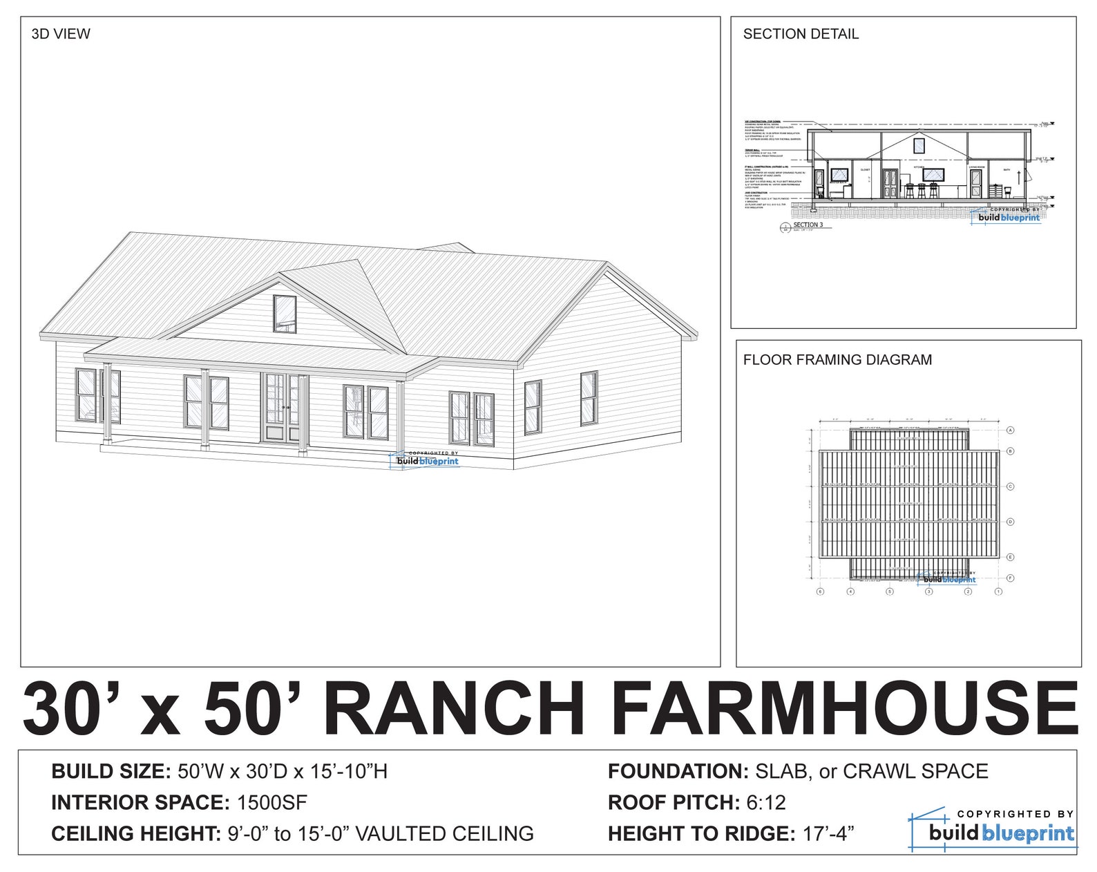 30' X 50' Ranch Farmhouse Architectural Plans - Custom 1500SF 3BD/2BA ...