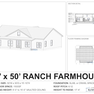 30' X 50' Ranch Farmhouse Architectural Plans - Custom 1500SF 3BD/2BA ...