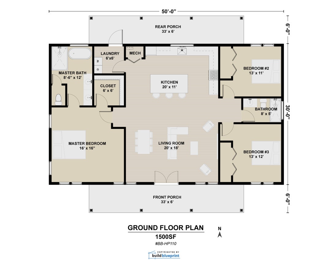 30' X 50' Ranch Farmhouse Architectural Plans - Custom 1500SF 3BD/2BA ...