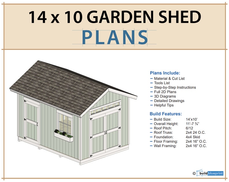 14x10 Garden Shed Plans and Build Guide DIY Woodworking - Etsy