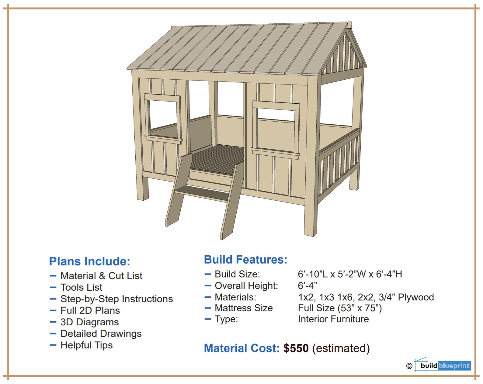 DIY Plans for Kid's Cabin Bed - Full Size Bed Frame Build Instructions ...