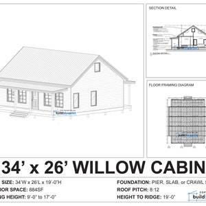26' X 34' Willow Cabin Architectural Plans - Custom 884SF 2 Bedroom ...