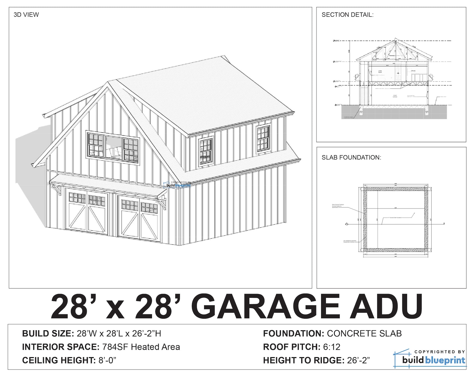 28'x28' Two Car ADU Garage Loft Architectural Plans - 784 SF Custom ...