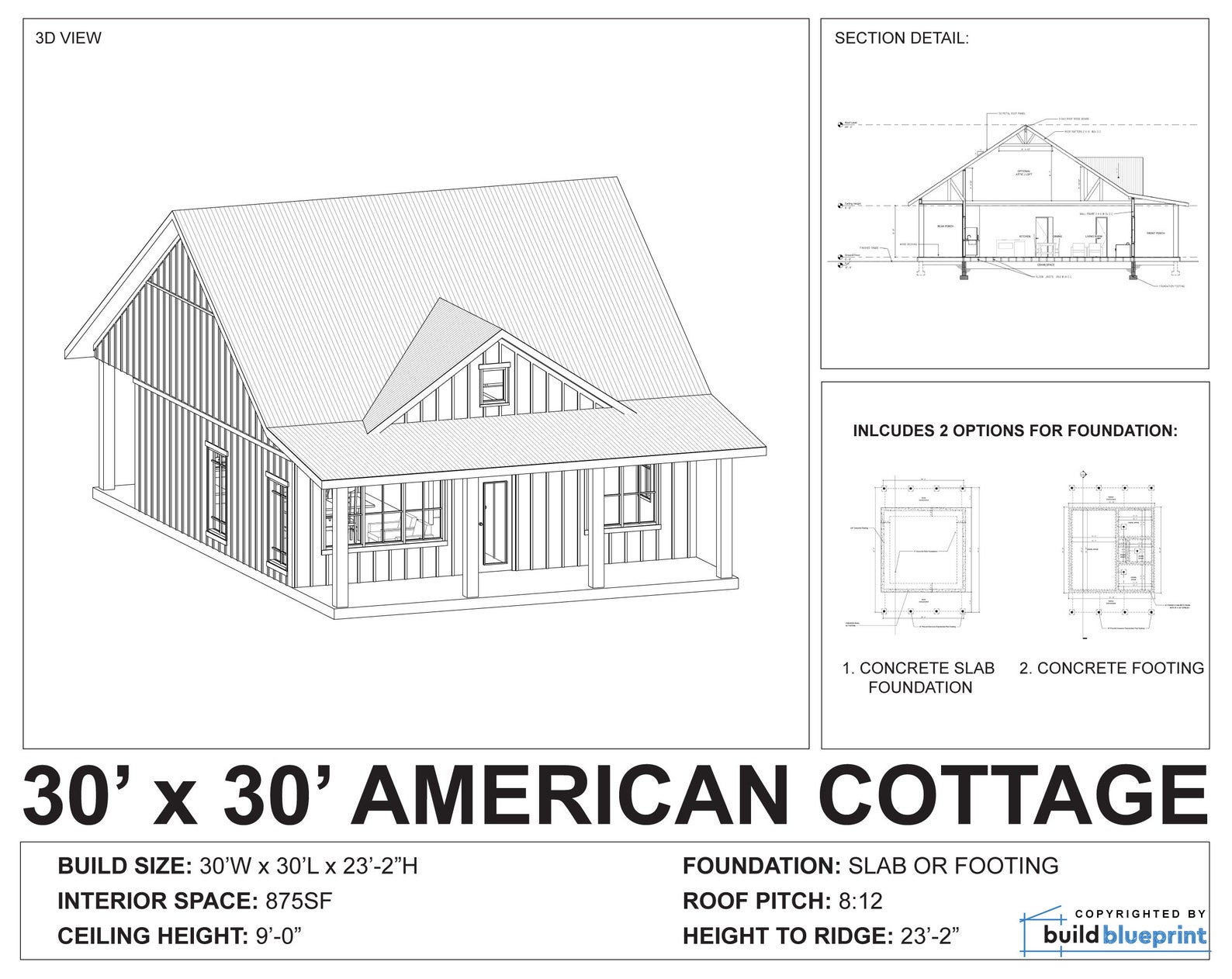 30' X 30' American Cottage 2 Bedroom Architectural Plans - Custom 875SF ...