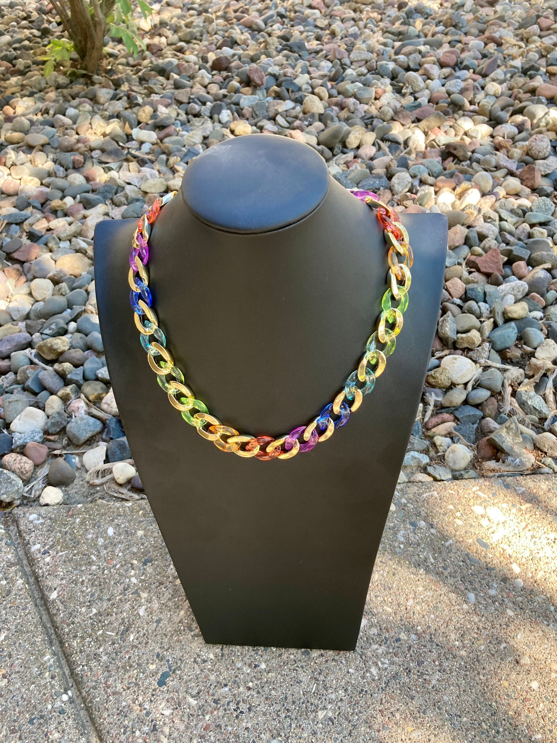 Rainbow and Gold Acrylic Link Chain Necklace | Etsy