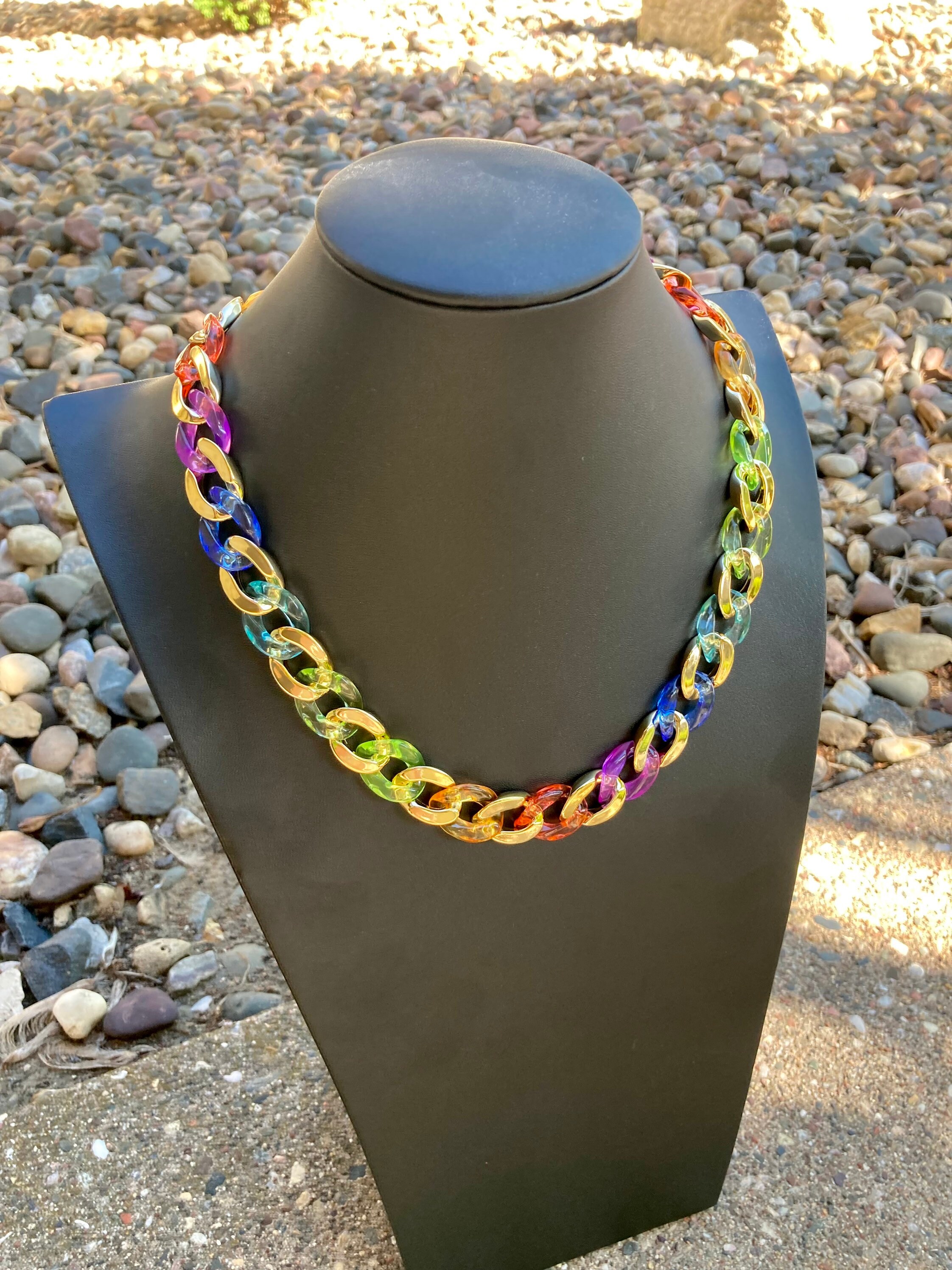 Rainbow and Gold Acrylic Link Chain Necklace | Etsy