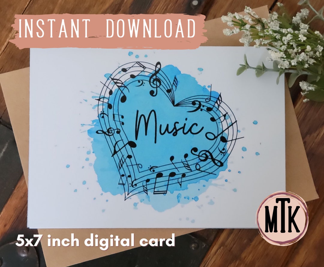 Printable Blue Abstract Music Heart Greeting Card for Everyday Instant ...