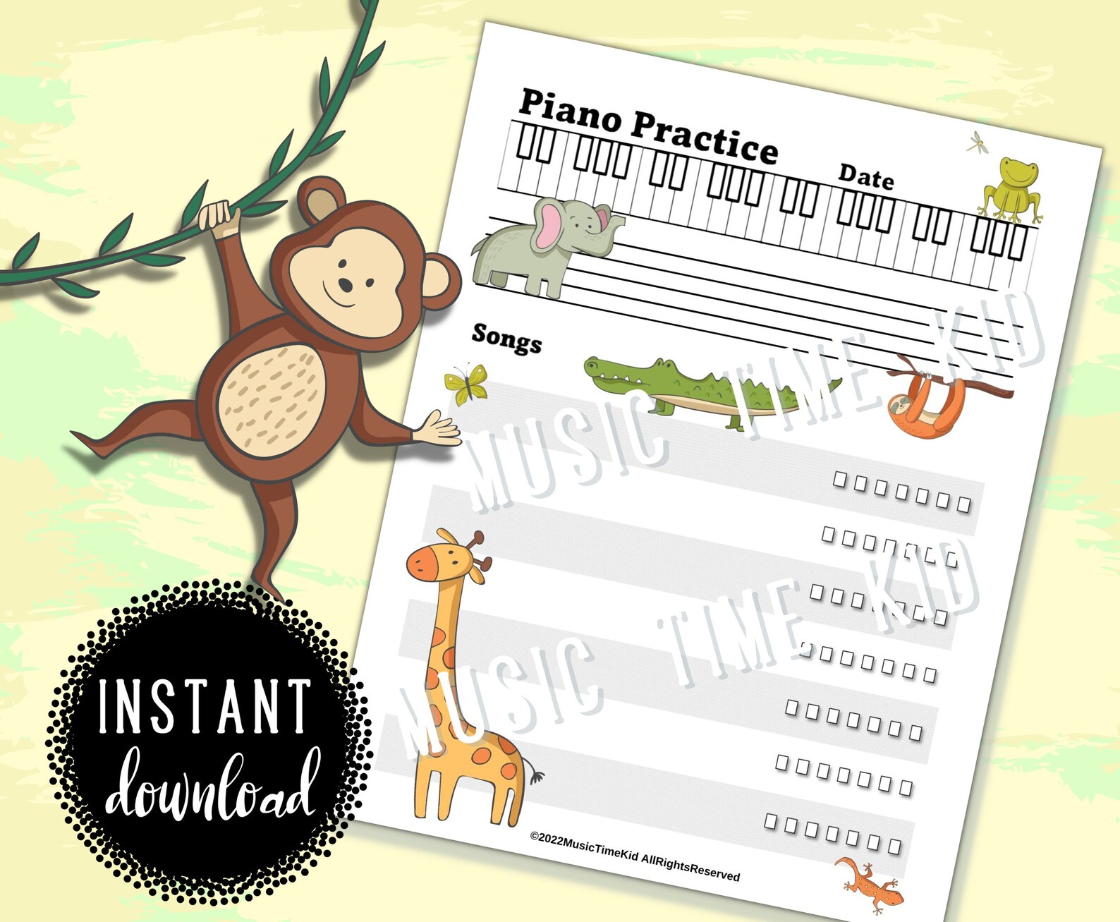 Piano Practice Printable With Jungle Animals for Young Kids That Helps ...