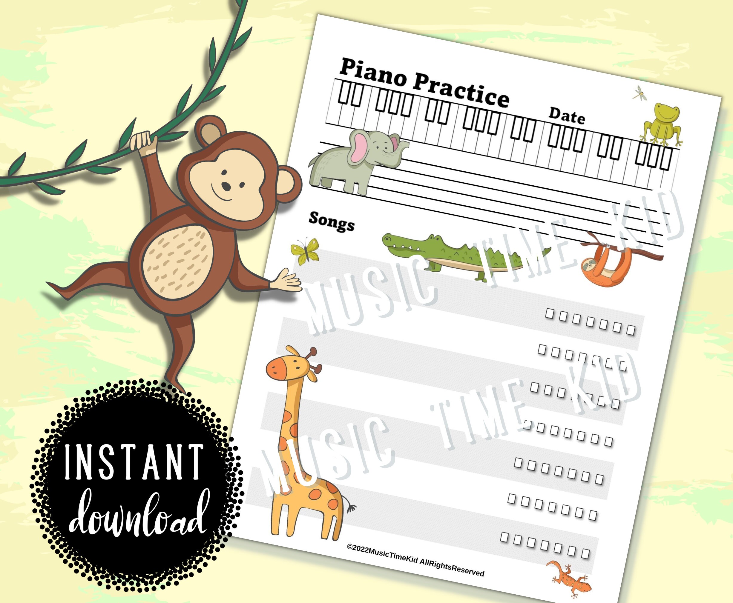 Piano Practice Printable With Jungle Animals for Young Kids That Helps ...