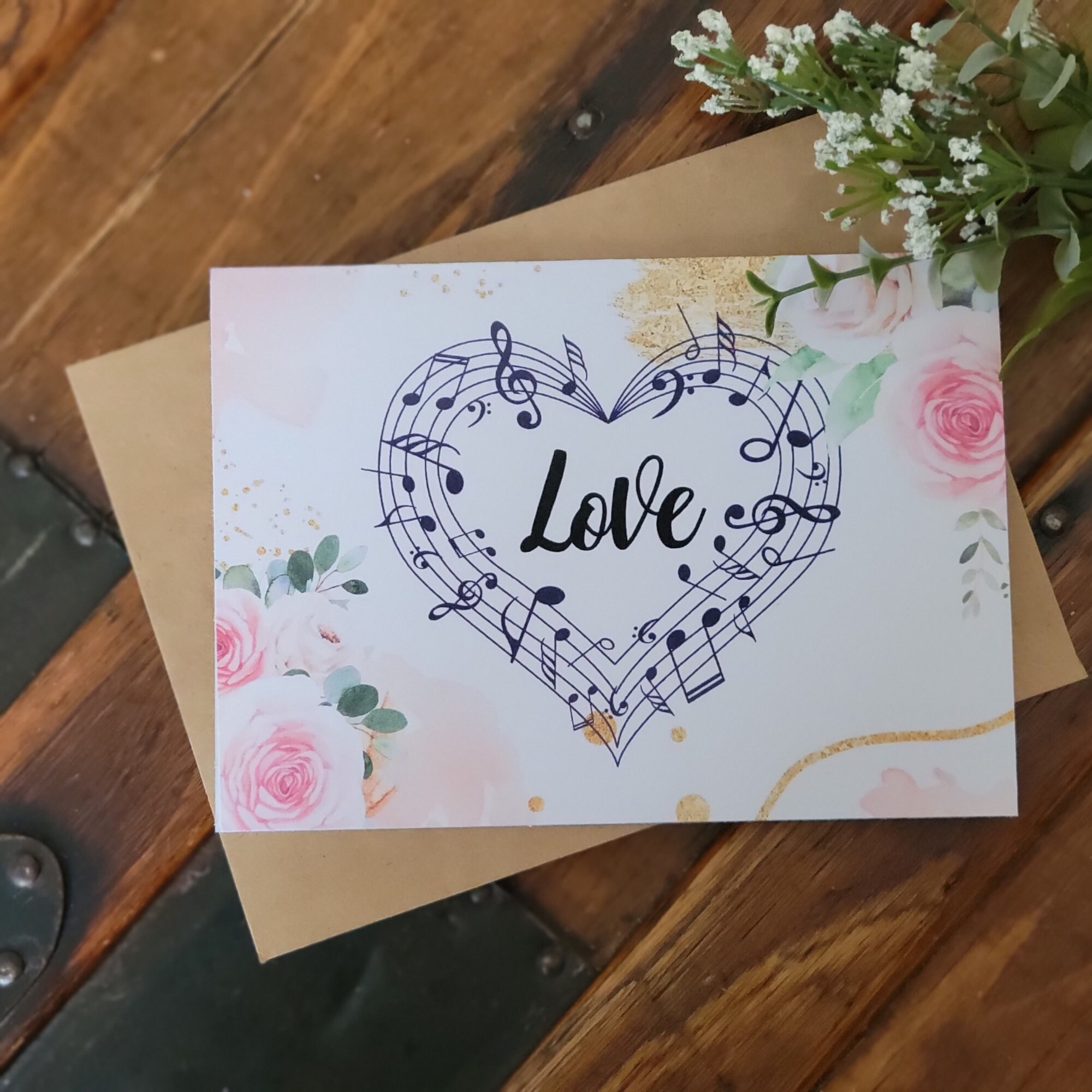 Printable Greeting Card With Floral LOVE Music Heart for Musicians ...
