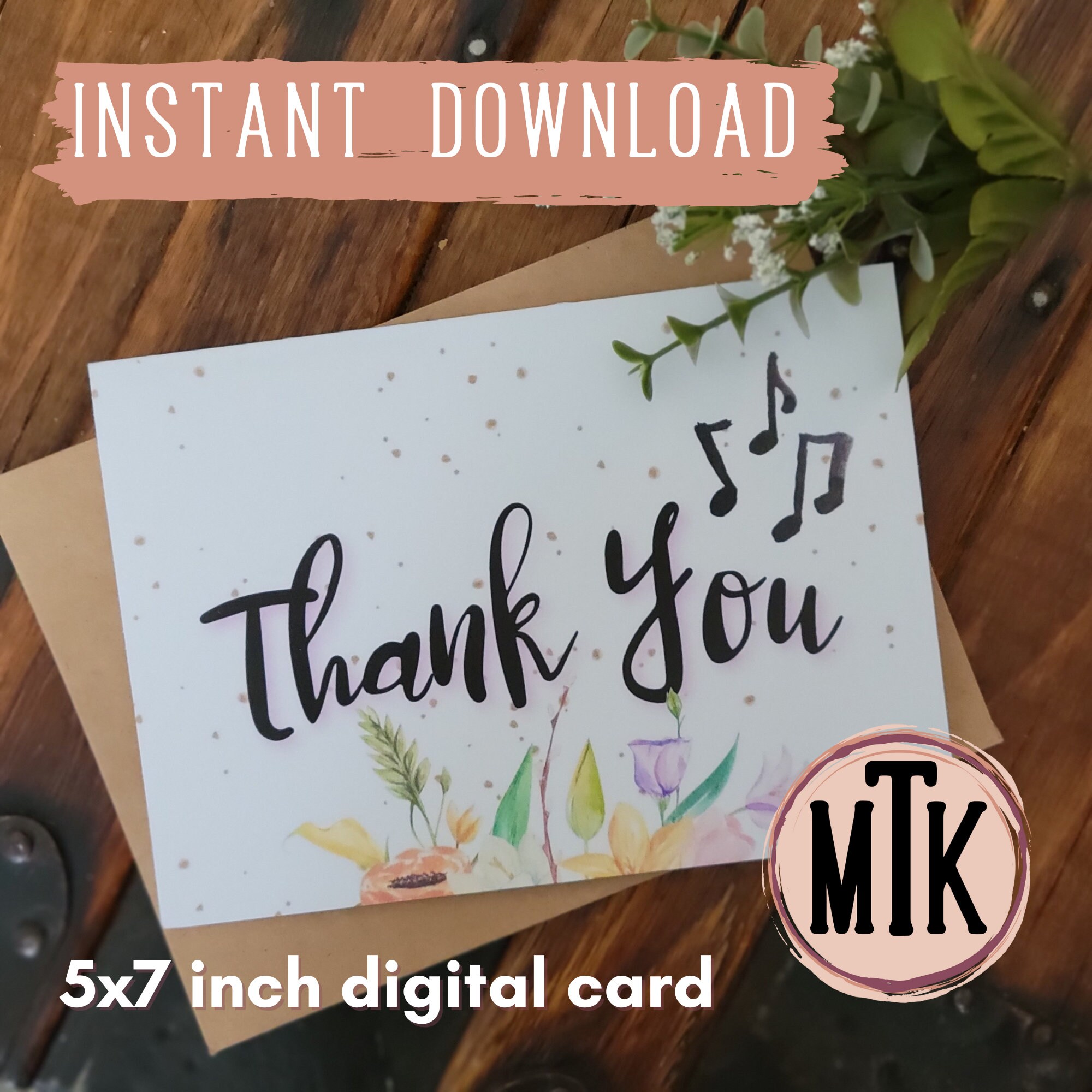 Printable Spring Floral Thank You Card With Tiny Music Notes | Digital ...